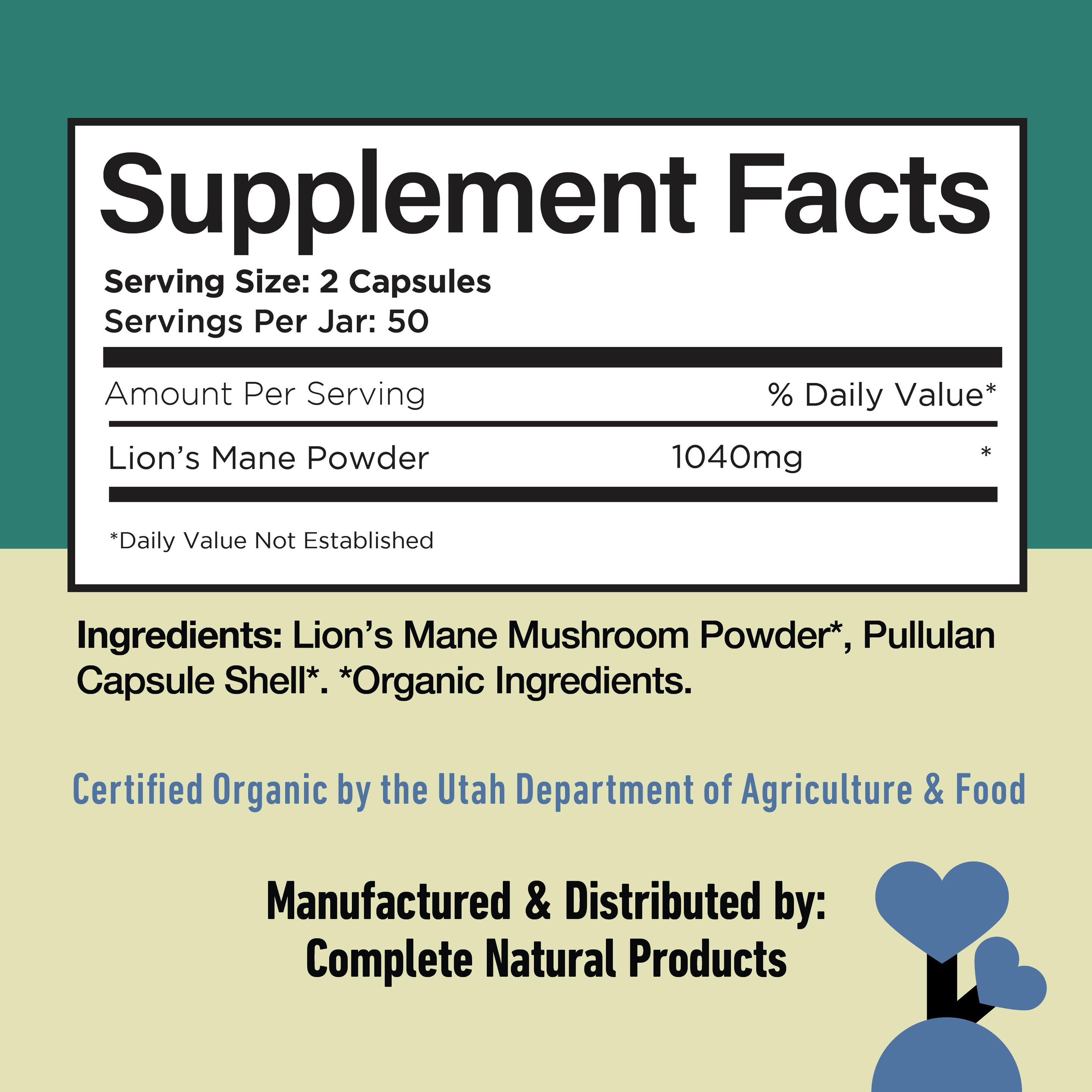 Organic Lions Mane Capsules - 100 Count Lions Mane Mushroom Capsules ...